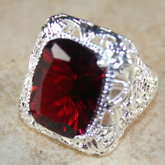 Jewelry | Silver Elegant Red Garnet Big Rectangular Ring | Poshmark